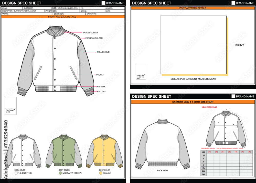 BUTTON VARSITY JACKET EASY EDITABLE EMPTY TECHPACK MEASUREMENT LAYOUT ...
