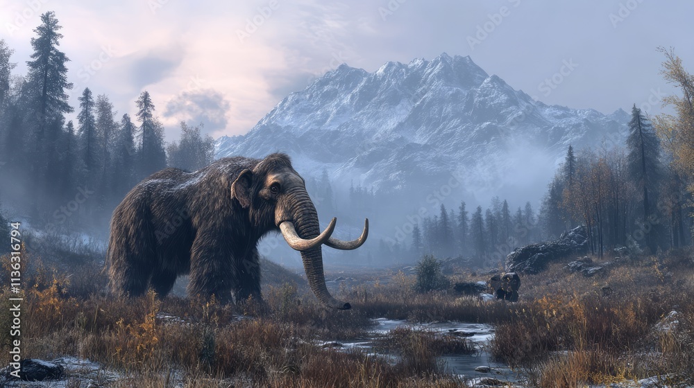 Realistic brown wooly mammoth standing in a prehistoric mountainous ...