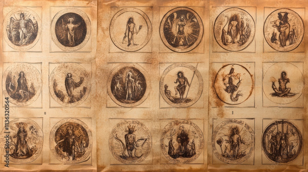 Engravings showcase a variety of mythological beings and stories ...
