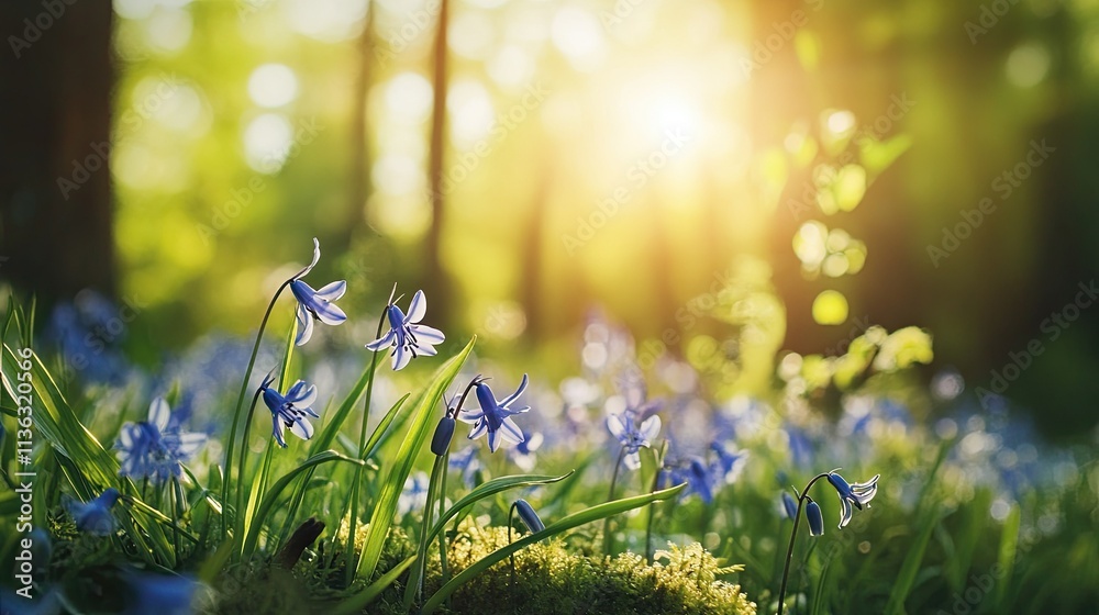 Bluebell flowers growing in a spring forest, natural seasonal ...