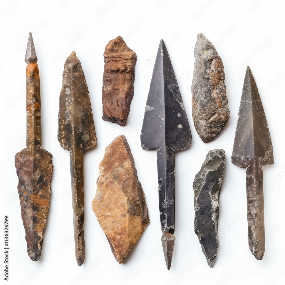 Stone arrowheads and scrapers from prehistoric times, isolated on white ...