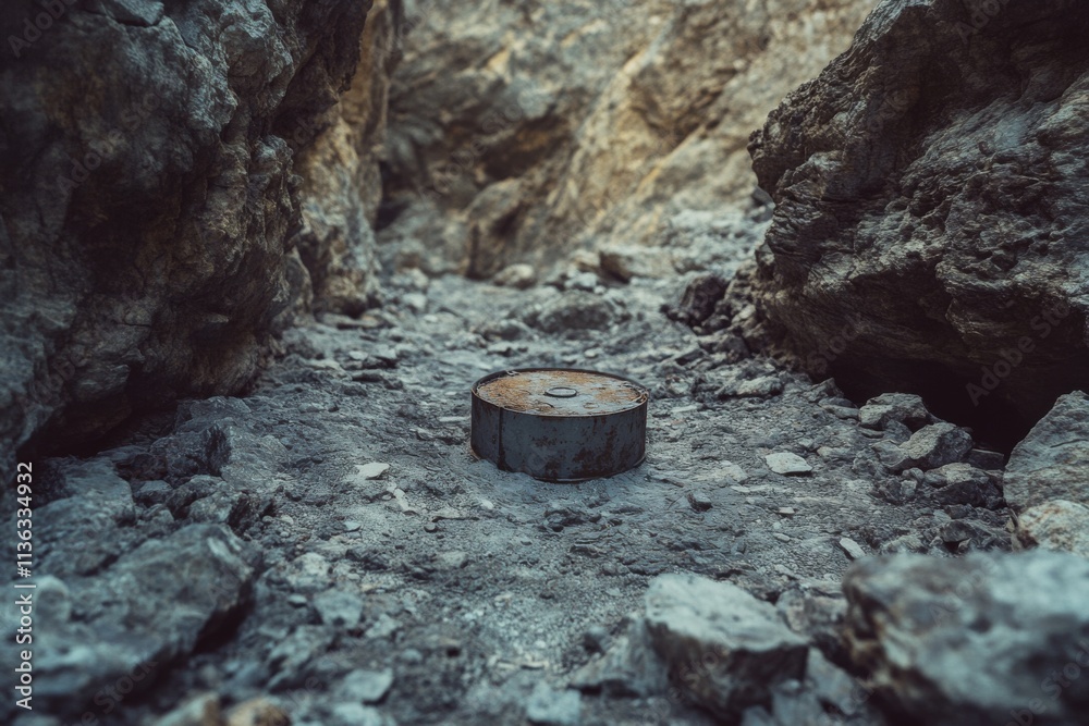 A lone, rusted landmine is nestled between jagged rocks in an arid ...