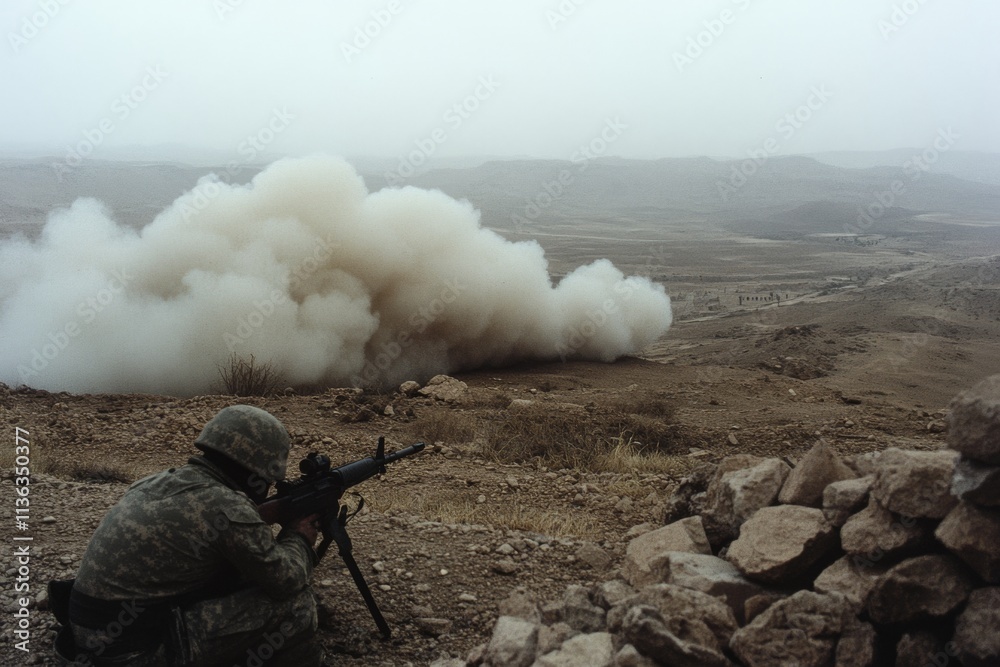 A solitary soldier crouches on barren terrain, observing distant rising ...