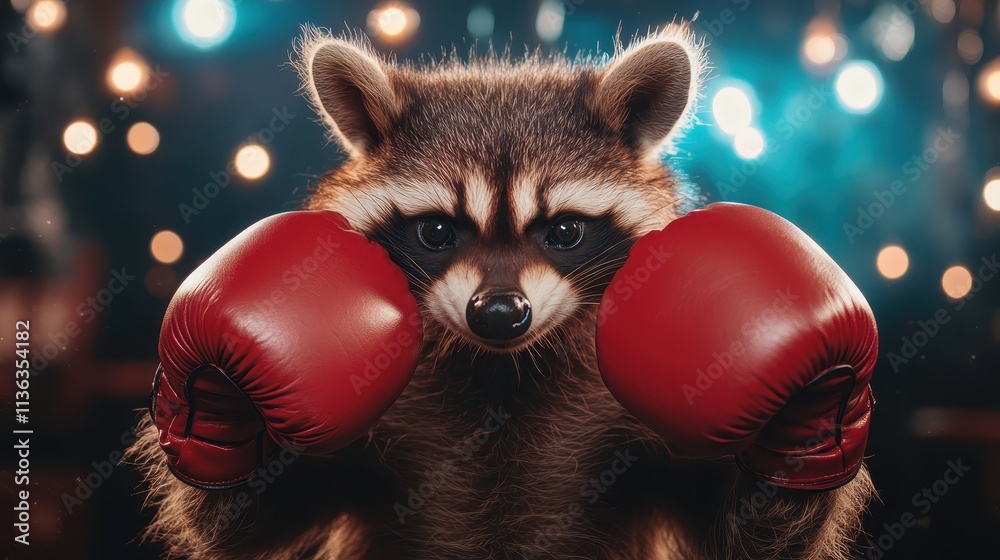 This playful raccoon adorned with oversized boxing gloves brings a ...