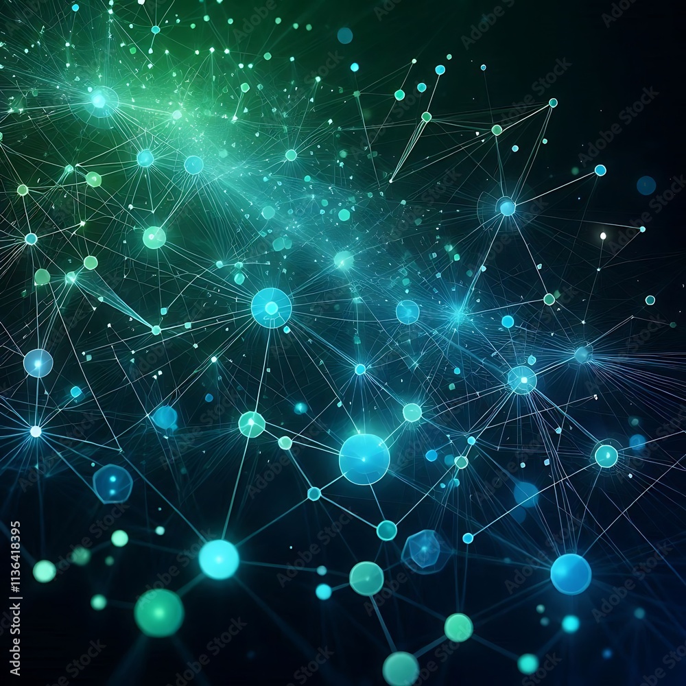 Interconnected Nodes and Glowing Lines Visualize Expanding Network in Deep Blue and Green Color ...