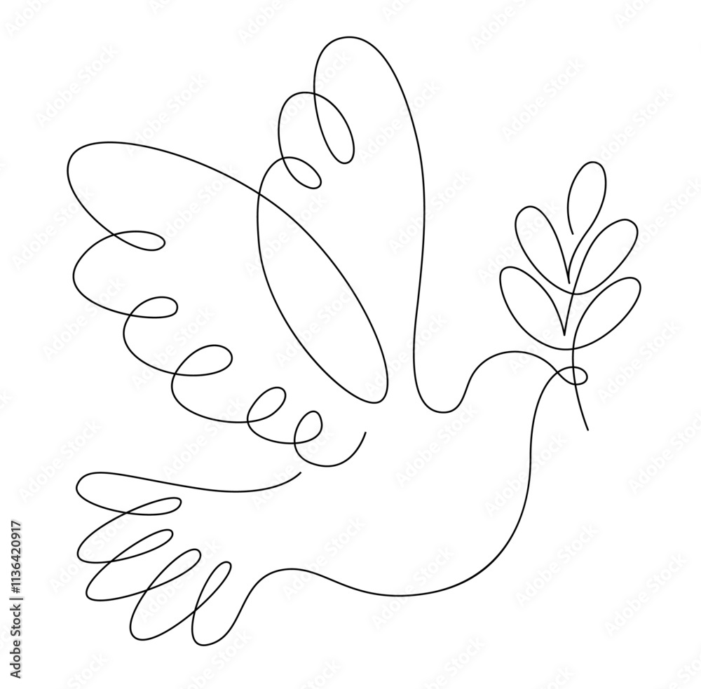 Dove with olive branch, symbol of peace and hope, One continuous line ...
