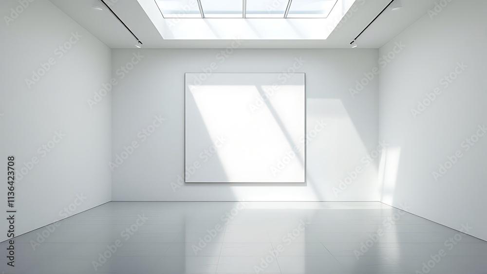 Blank white wall mockup in sunny modern empty gallery, 3d rendering ...
