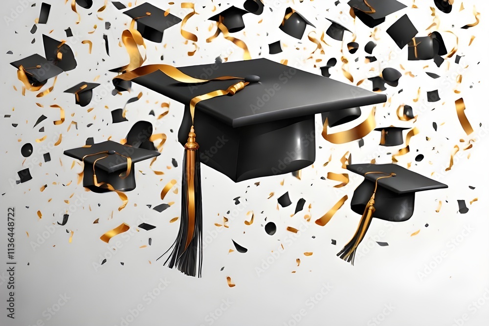 Graduation. Transparent background with realistic flying black degree ...