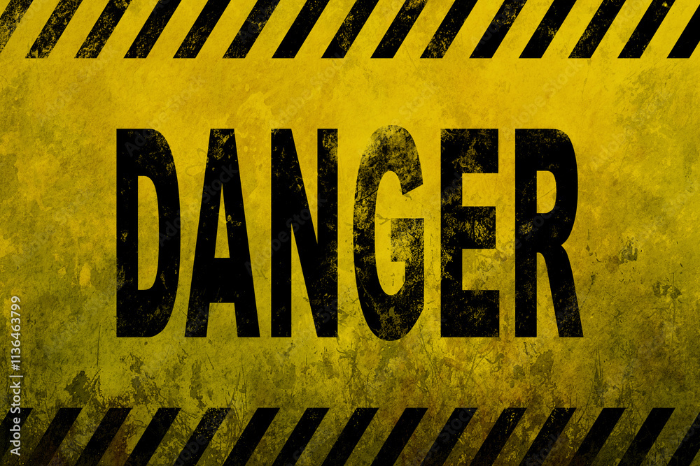 WARNING danger sign word text as stencil with yellow and black stripes ...