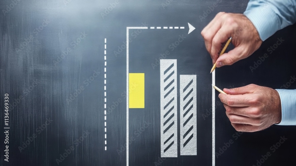 Costs cutting and efficiency concept. Businessman drawing bar graph and arrow on chalkboard ...