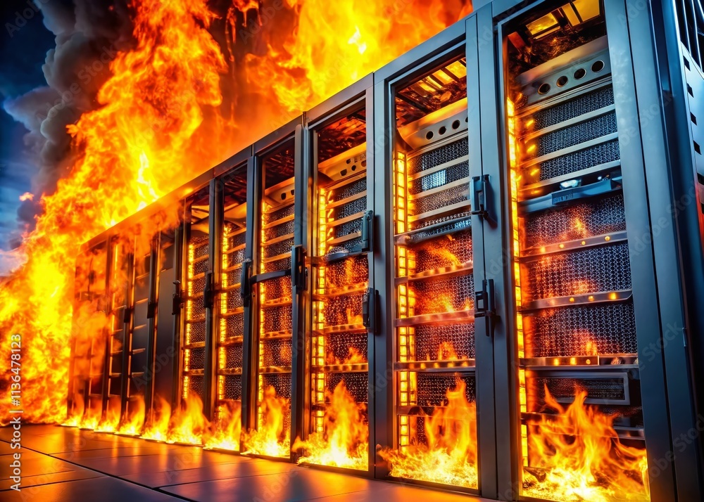 Ilustración de Stock Data Center Fire Disaster: Server Rack Inferno ...