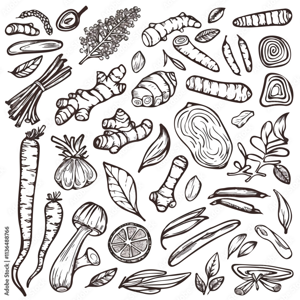 Medicinal Roots in doodle style. Vector hand-drawn black line design ...