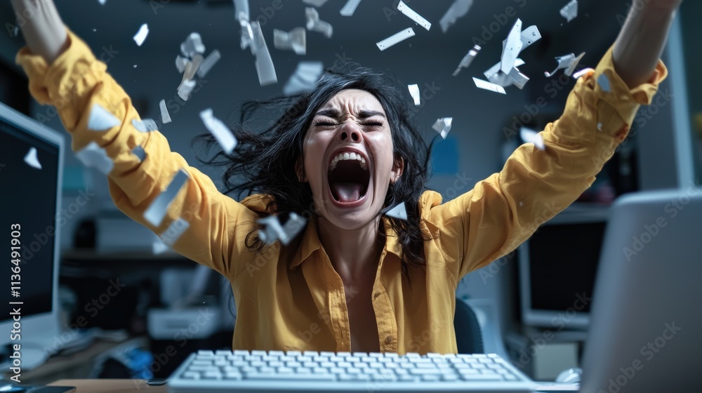 An angry woman throwing a keyboard across the office, pieces flying as ...