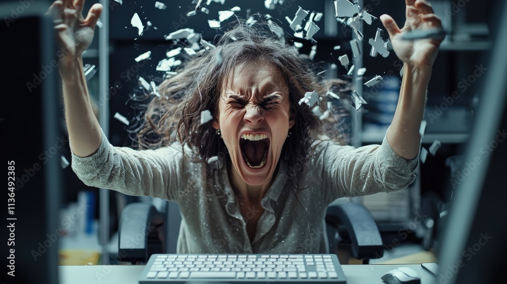An angry woman throwing a keyboard across the office, pieces flying as ...