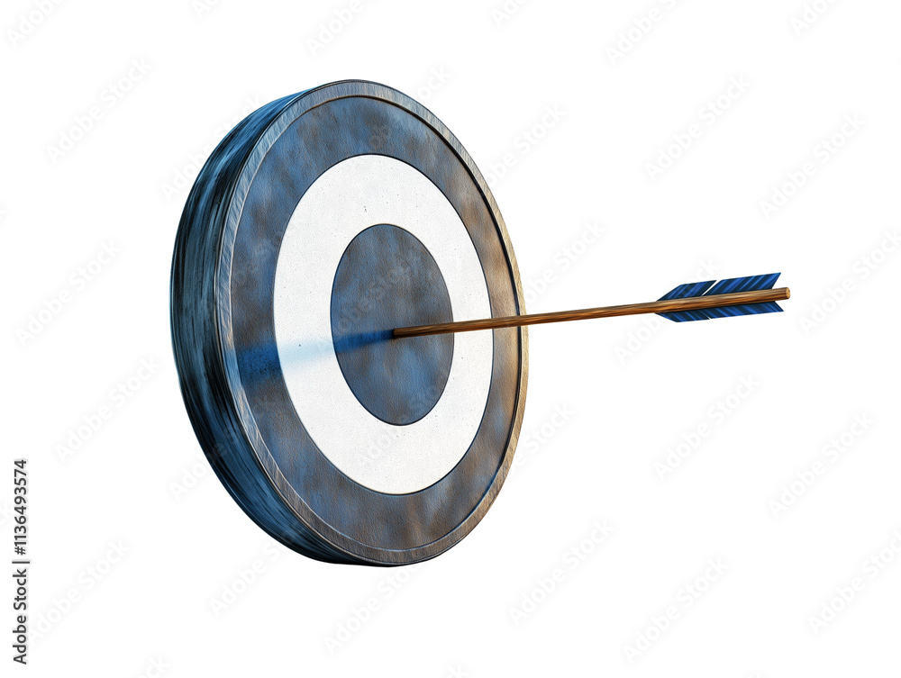 Wooden archery target with bullseye and arrow embedded, isolated on ...