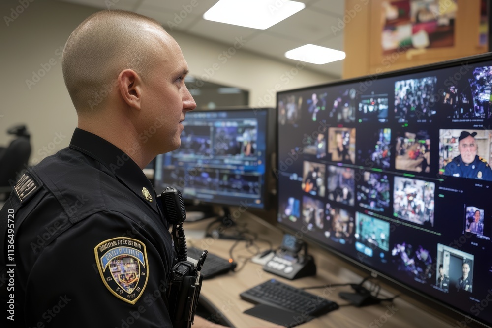 Police Officer Monitors AI Surveillance for Public Safety in High ...