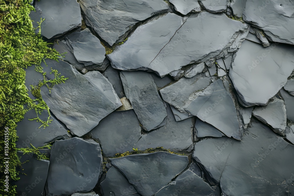 Chipped ice texture with sharp edges and moss growing, revealing a ...
