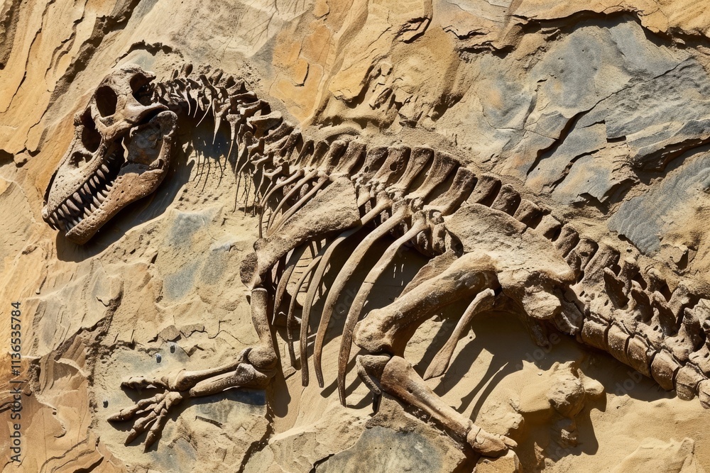 Foto de Stock Detailed Fossilized Dinosaur Skeleton on Rock Wall ...