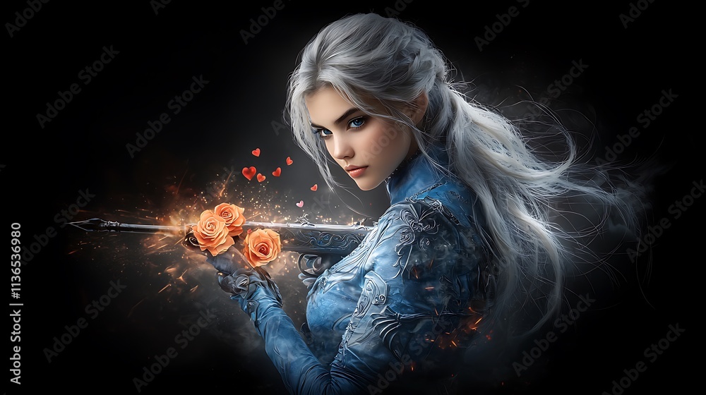 Mystical female sniper kneeling gracefully with glowing neon blue armor ...