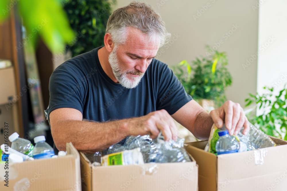 Sustainable lifestyle, recycling at home. Man collects empty plastic ...