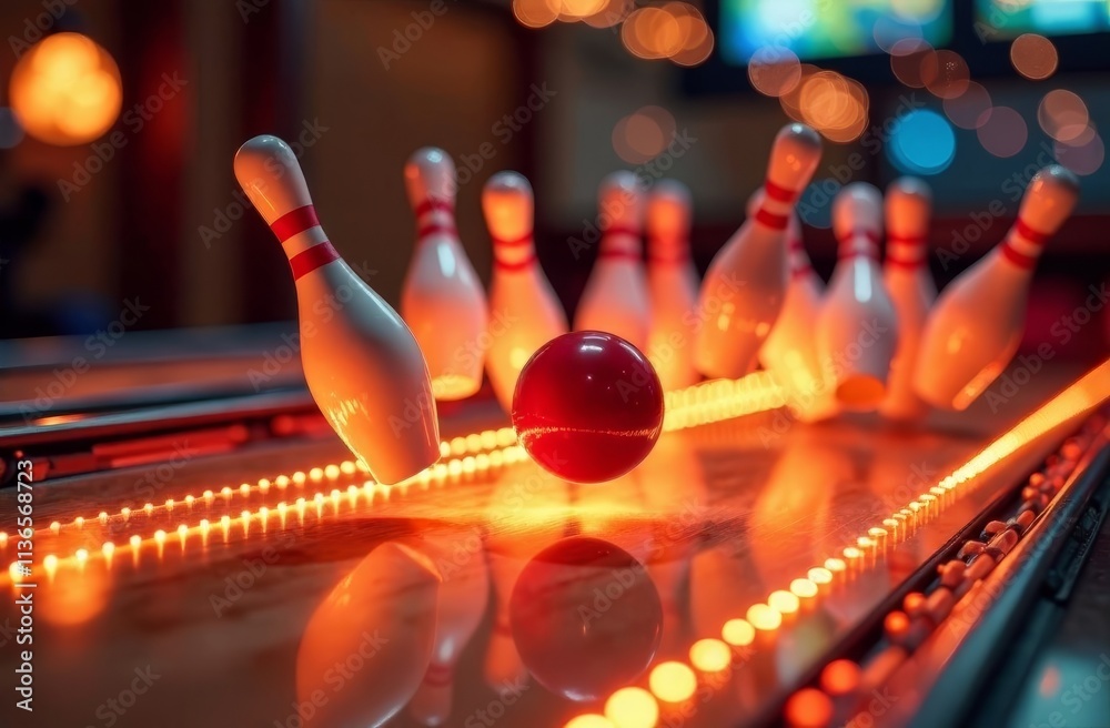 fiery pins on bowling alley flying apart from golden ball impact ...
