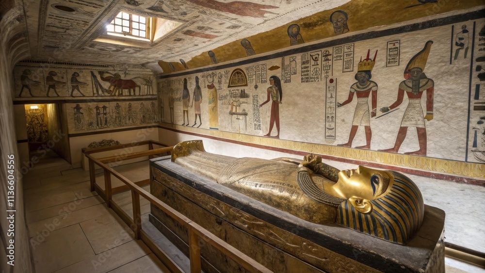A Golden Sarcophagus Rests in a Tomb Chamber Adorned with Ancient Egyptian Hieroglyphs and ...