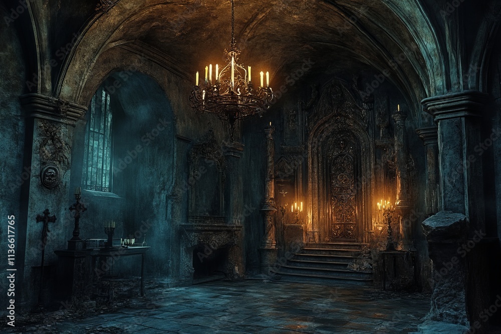 Mysterious gothic cellar illuminated by flickering candlelight, evoking ...