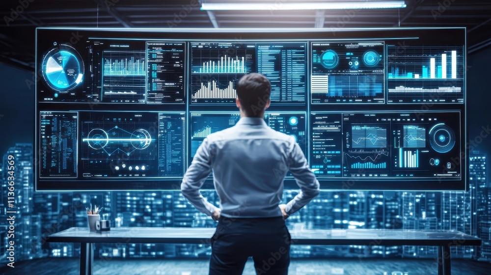 A sleek digital control room overseeing a smart city, with engineers monitoring large ...