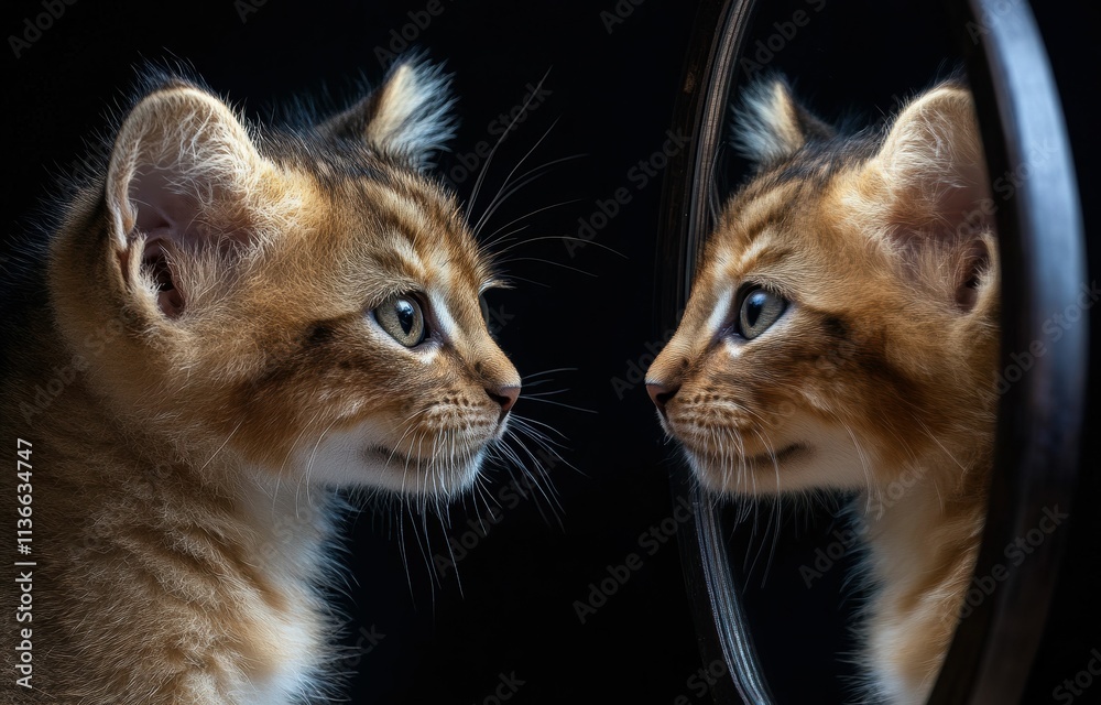 An orange tabby cat gazes into a mirror, its reflection perfectly ...