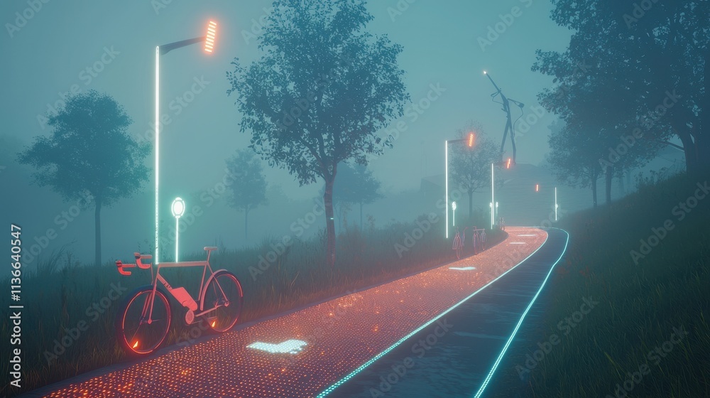 A futuristic eco-district with glowing bike paths made from recycled ...
