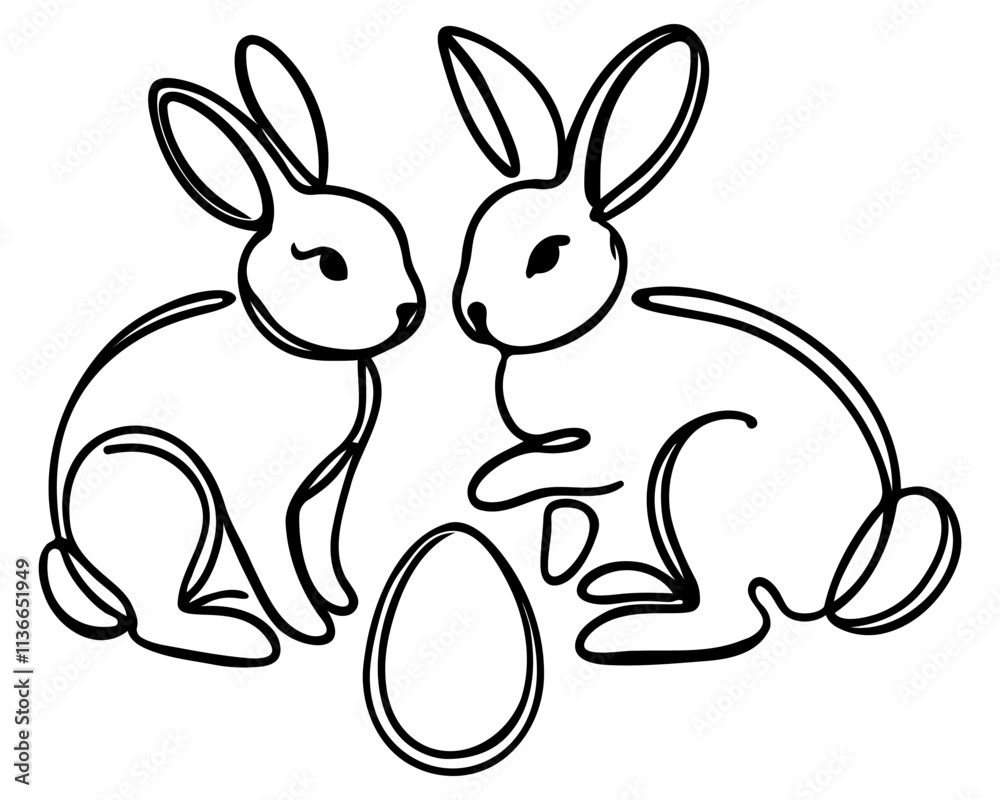 Easter Bunny continuous one line drawing. Easter border with eggs and ...