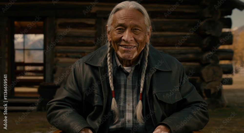 Elderly native american male with braids in rustic outdoor setting for ...