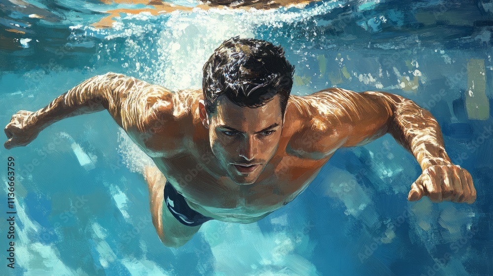Illustrate a professional male swimmer from an underwater perspective ...