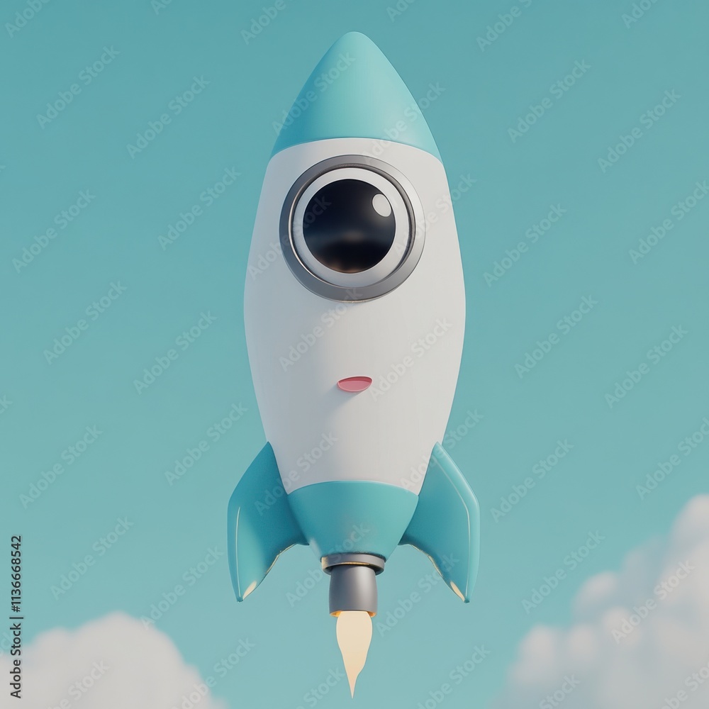Cute Cartoon Rocket Taking Off: A 3D rendered cartoon rocket with a big ...