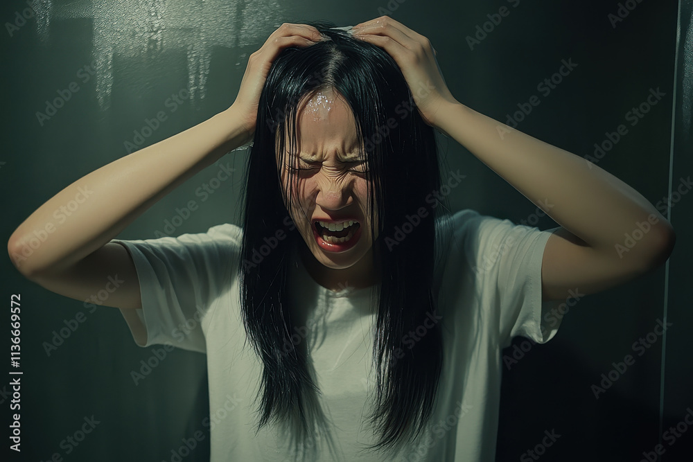 Screaming in Despair: A woman in a white t-shirt with long black hair ...
