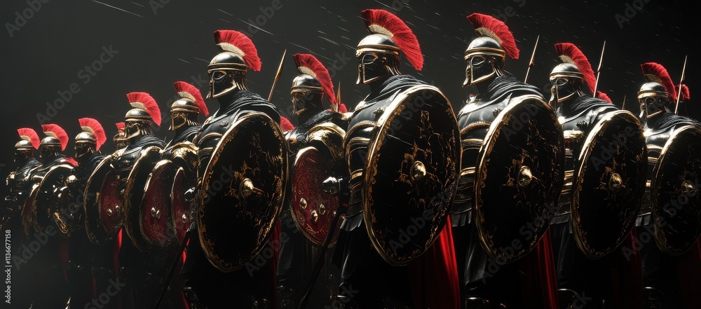 Shimmering warriors in formation under dramatic lighting showcasing strength and unity in ...