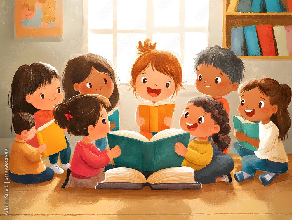 group of diverse young kids children student reading book listen story ...