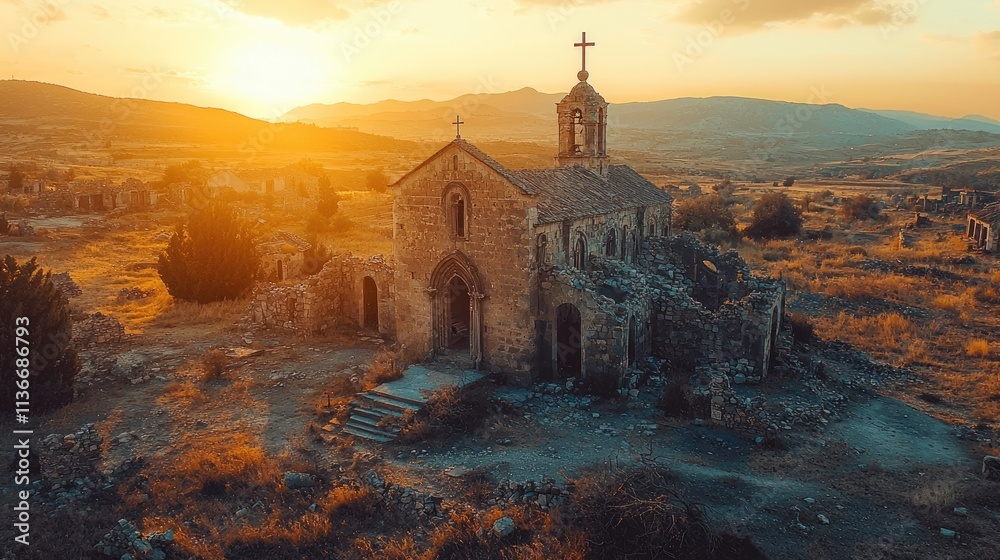 Sunset illuminates ancient church ruins in a mountain village Stock ...
