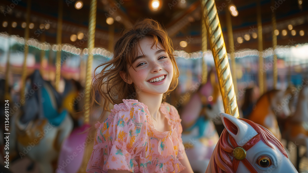 At a bustling fairground, a teenage girl in a colorful dress rides a ...