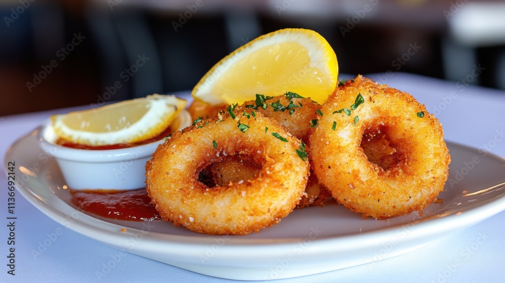 Crispy Fried Calamari with Lemon Wedges at a Coastal Seafood Restaurant ...