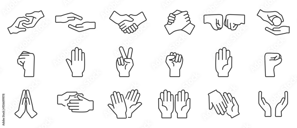 Hand gesture linear icon set. Palm indicates fist, handshake, peace and ...
