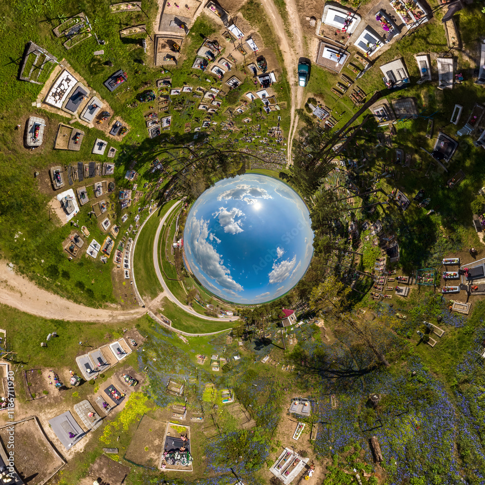 blue sphere inside overlooking old town, urban development, historic ...
