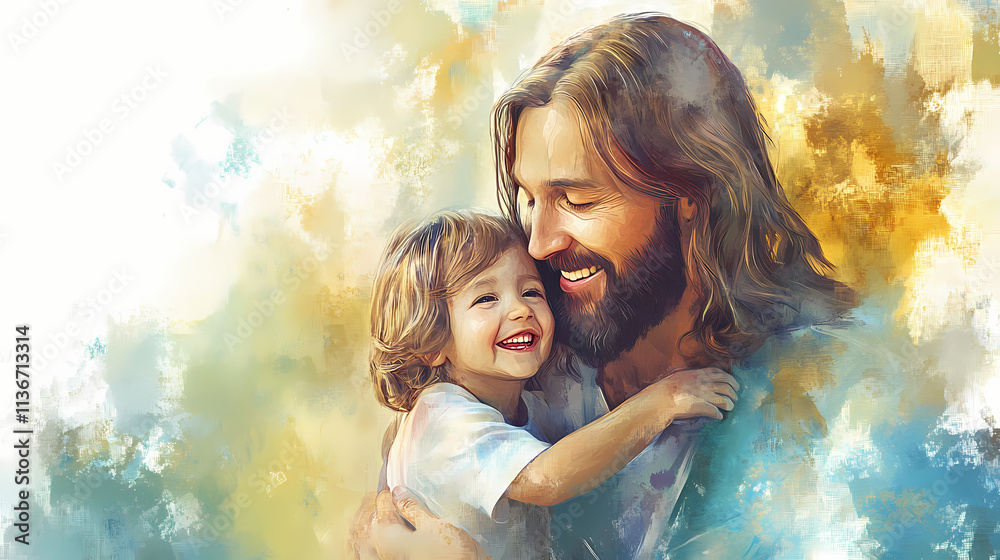 Jesus christ with a kid in his arms, smiling. digital watercolor ...