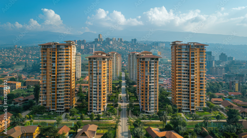 A view of tall high-rise building with residential tower, creating a ...