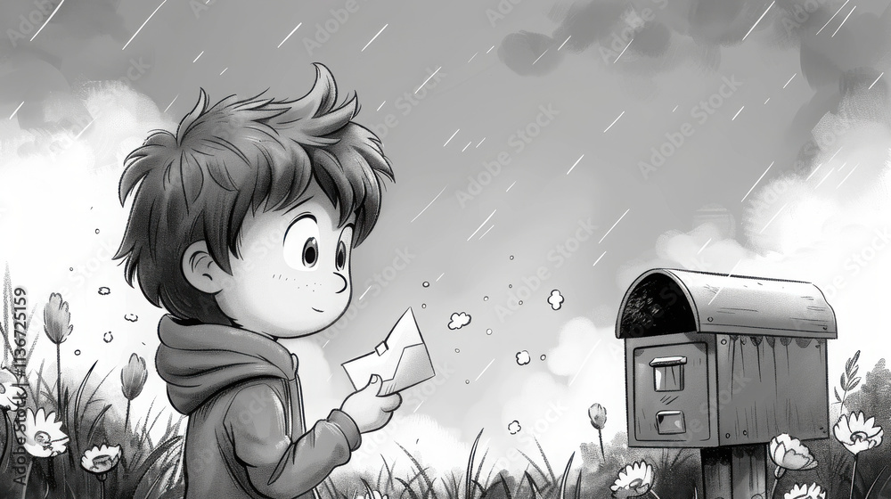 Black and white cartoon clean drawing of a little boy dropping a letter ...