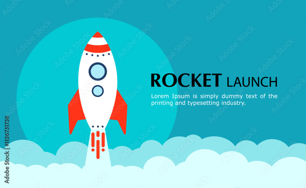 Blue rocket takes off into stars space . business startup text ...