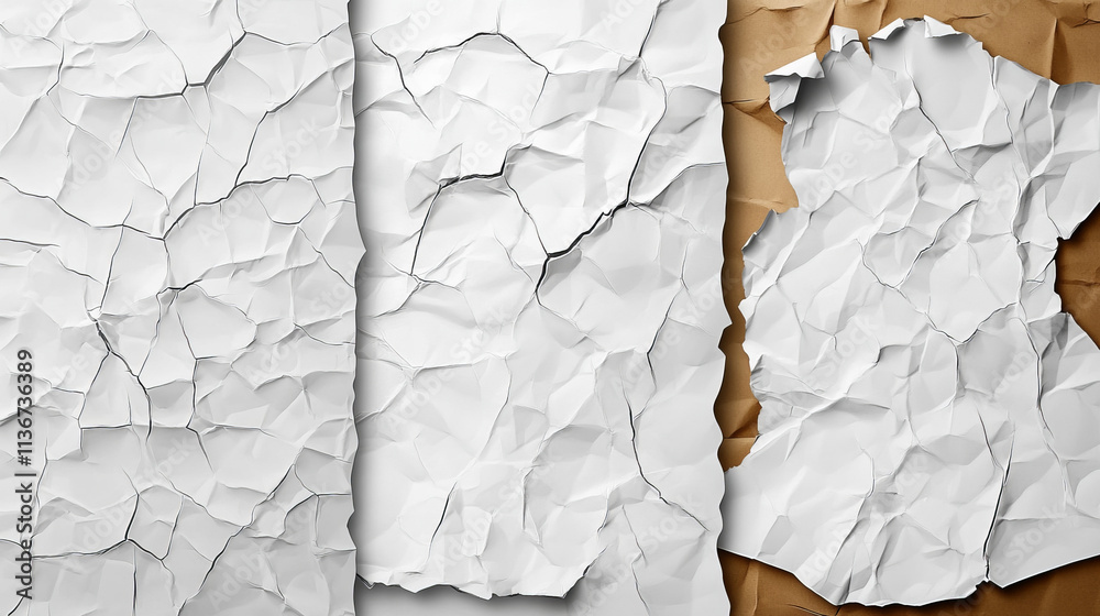 Wrinkled paper texture, white and brown kraft folded sheets. Blank ...