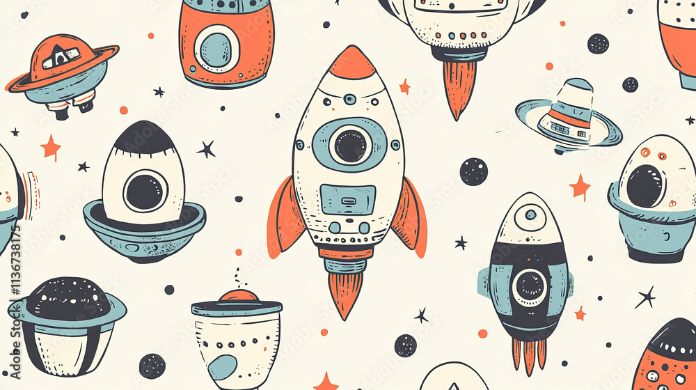 Ufo, alien space ships scrambled eggs, cup and plate with spoons ...