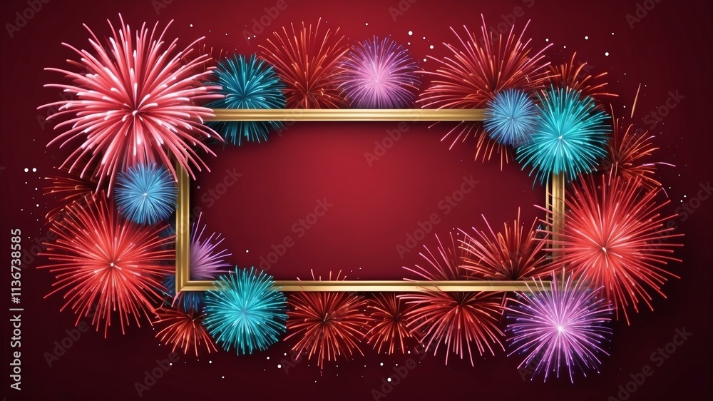 pastel red background with border frame of colorful fireworks Stock ...