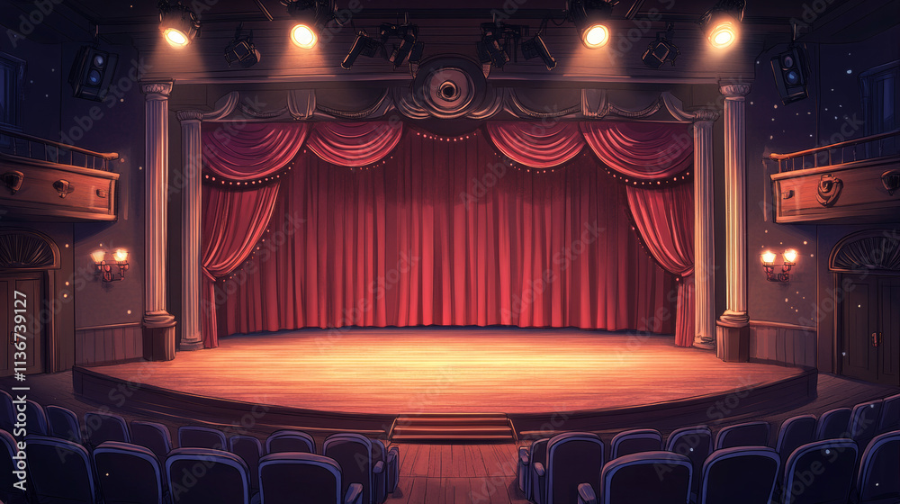Theater hall with wooden stage, red curtains, auditorium chairs ...